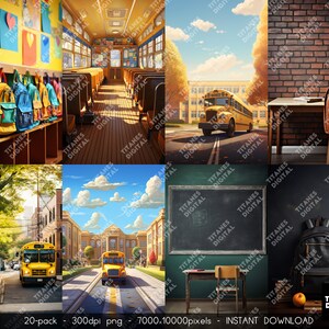 20 School Digital Backdrops, Library School Background, Yellow Bus ...