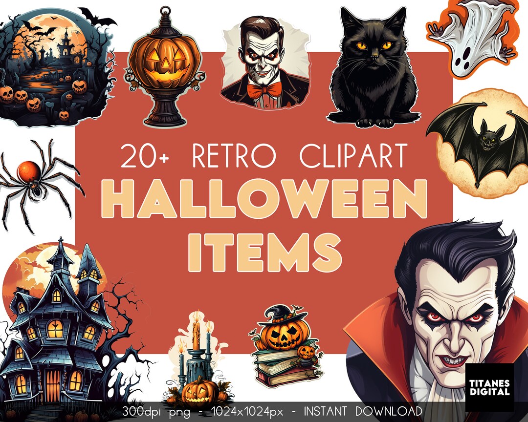 Retro Halloween Clipart Bundle, Retro Halloween Clipart, Vintage ...