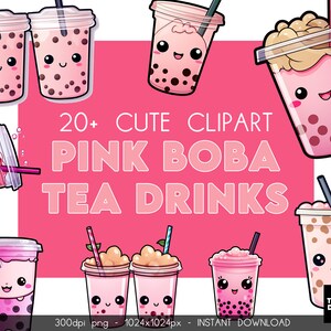 Cute Pink Boba Tea Drink Clipart PNG Bundle, Cute Pink Bubble Tea ...