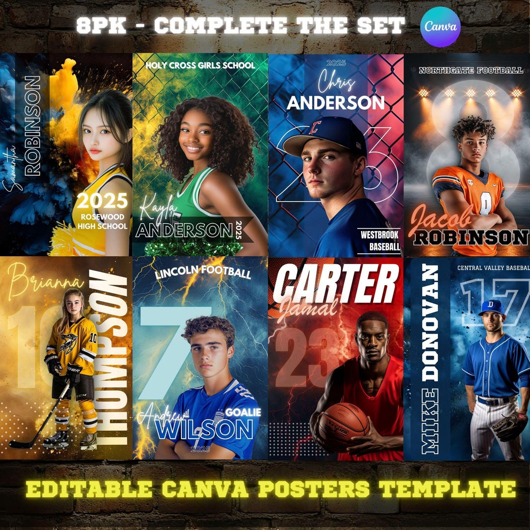 8 Canva Sports Templates Bundle, Create Custom Posters, Senior Banners ...