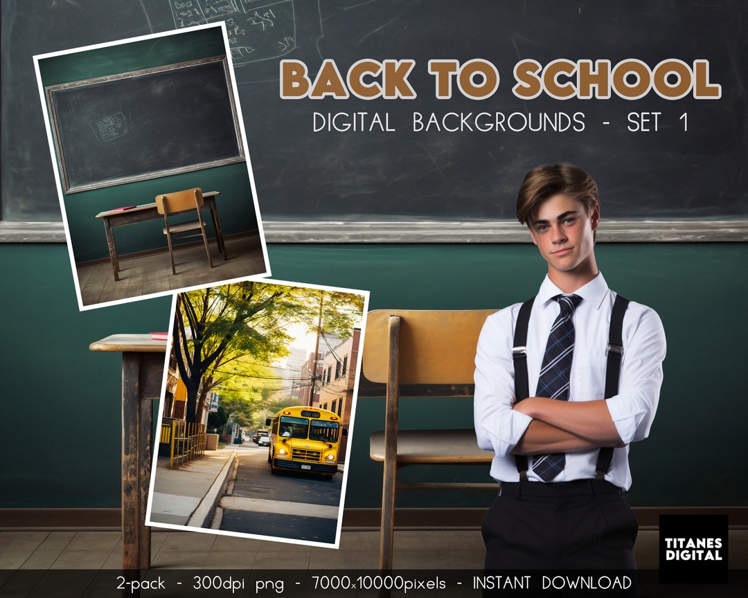 Back to School Digital Backdrops, School Background, Yellow Bus ...