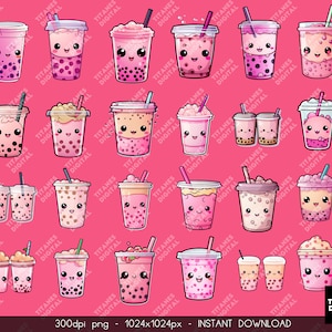 Cute Pink Boba Tea Drink Clipart PNG Bundle, Cute Pink Bubble Tea ...