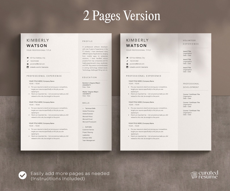 Modern Resume Template Word, Professional CV Template, Clean Resume ...