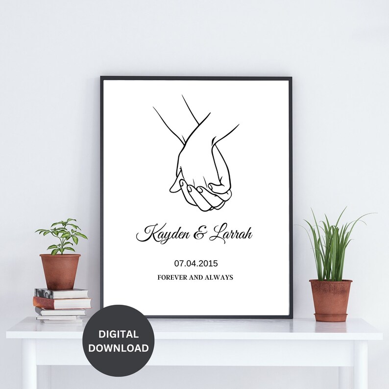 Personalised Name and Date Digital Print, Holding Hands, Wedding Date ...