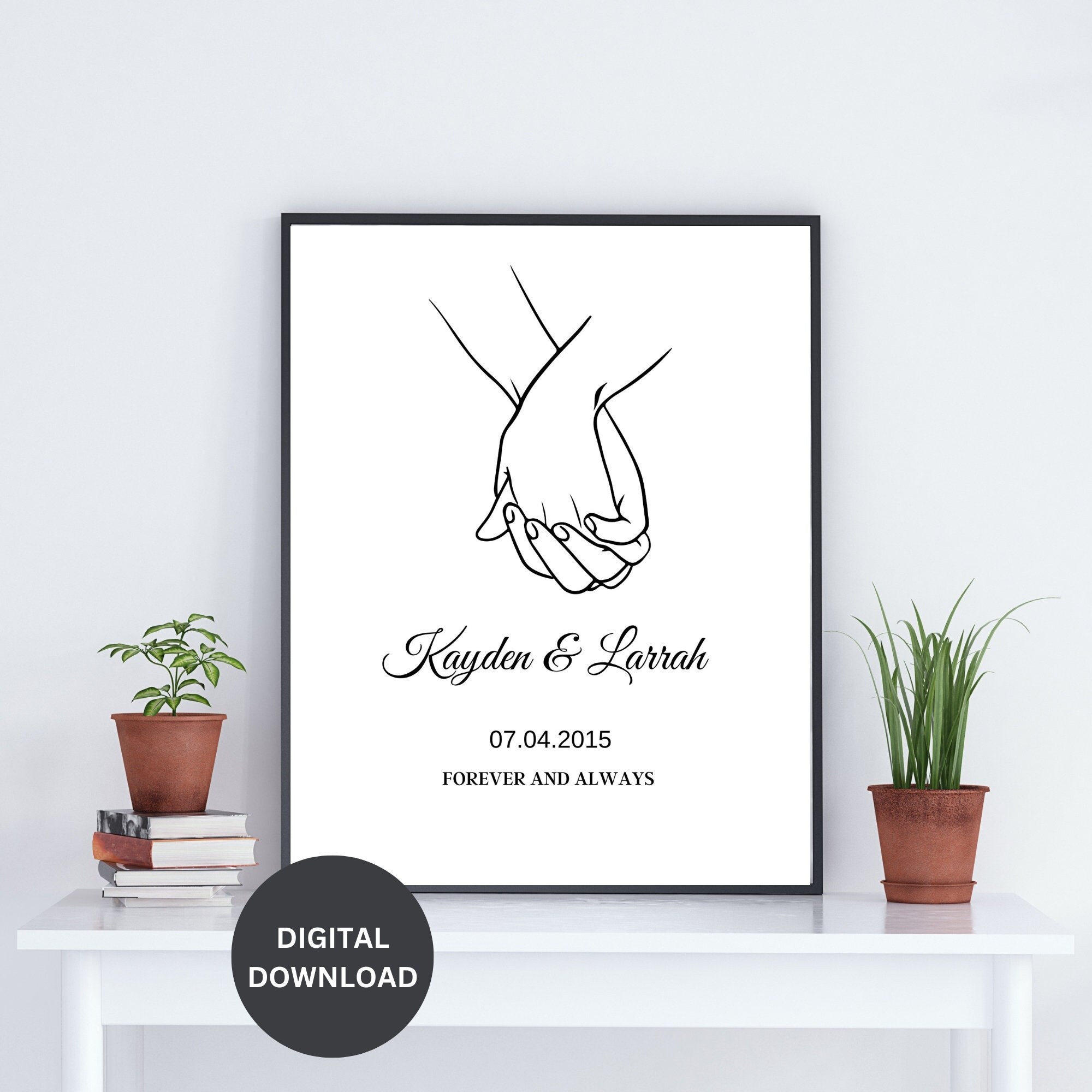 Personalised Name and Date Digital Print, Holding Hands, Wedding Date ...