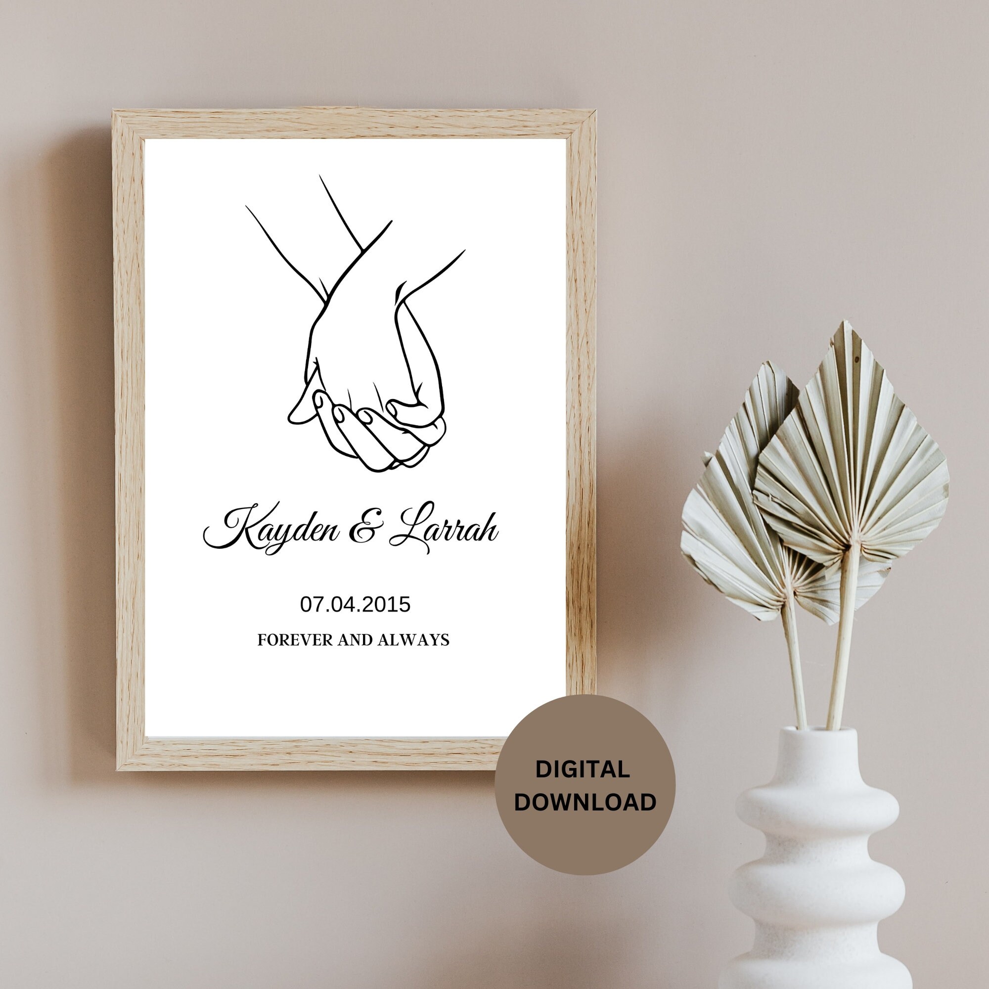 Personalised Name and Date Digital Print, Holding Hands, Wedding Date ...