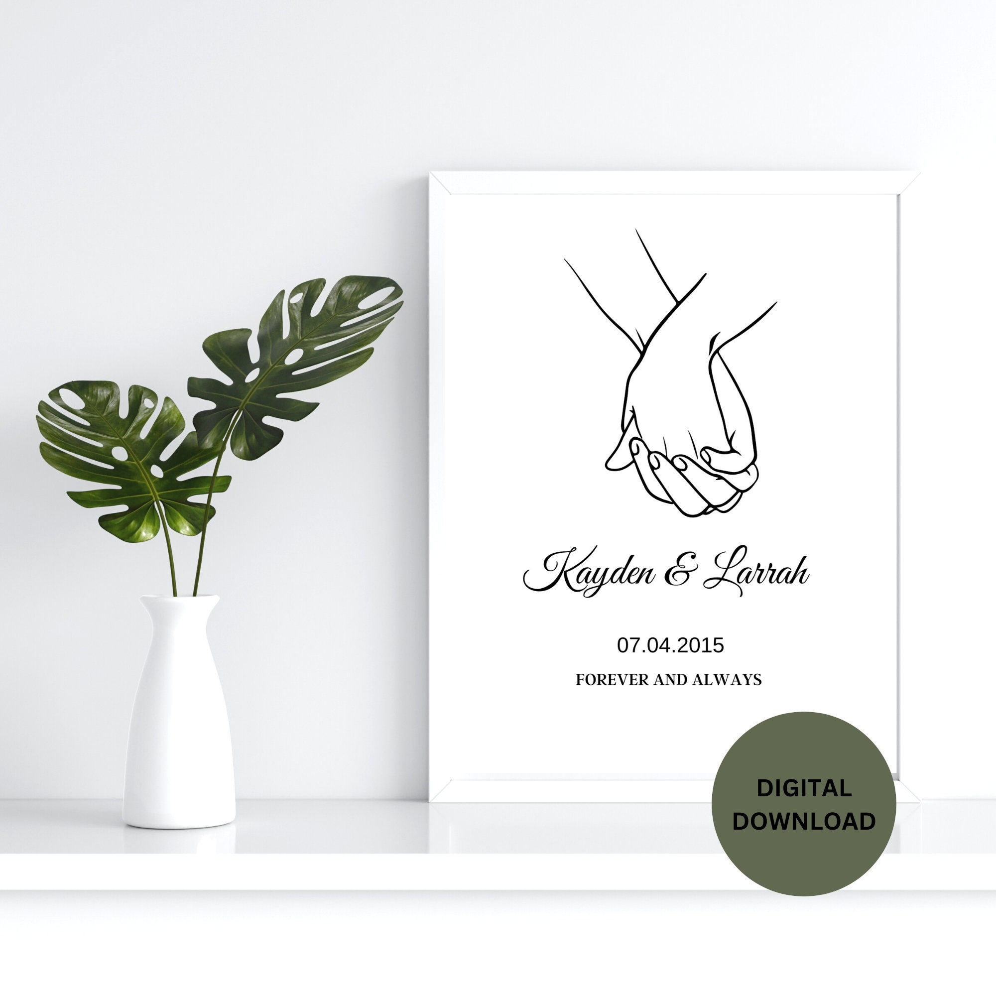 Personalised Name and Date Digital Print, Holding Hands, Wedding Date ...