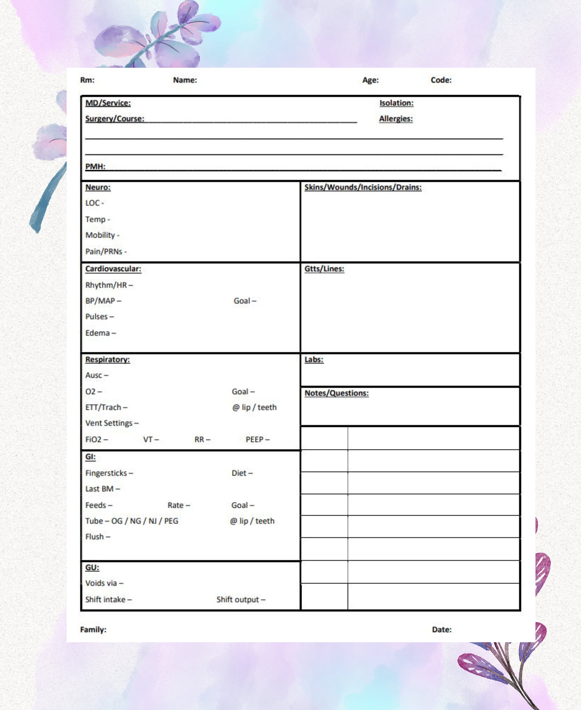 Digital Download Cvicu Report Sheet Hourly ICU Report Sheet - Etsy