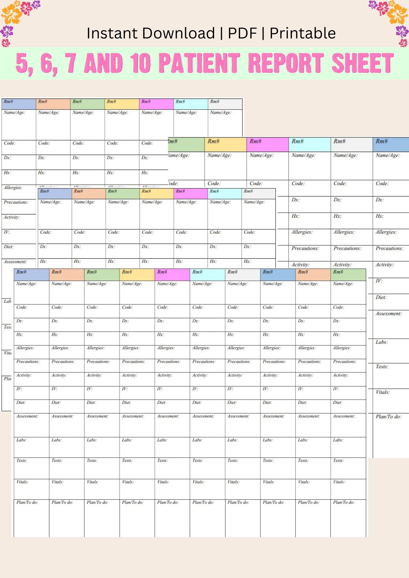 5, 6, 7 and 10 Patient Nurse Report, Med-surg Report Sheet, Med-surg ...