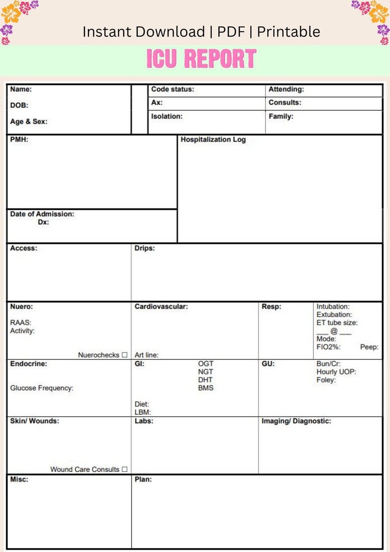 ICU Report Sheet Digital Download, Instant Download - Etsy