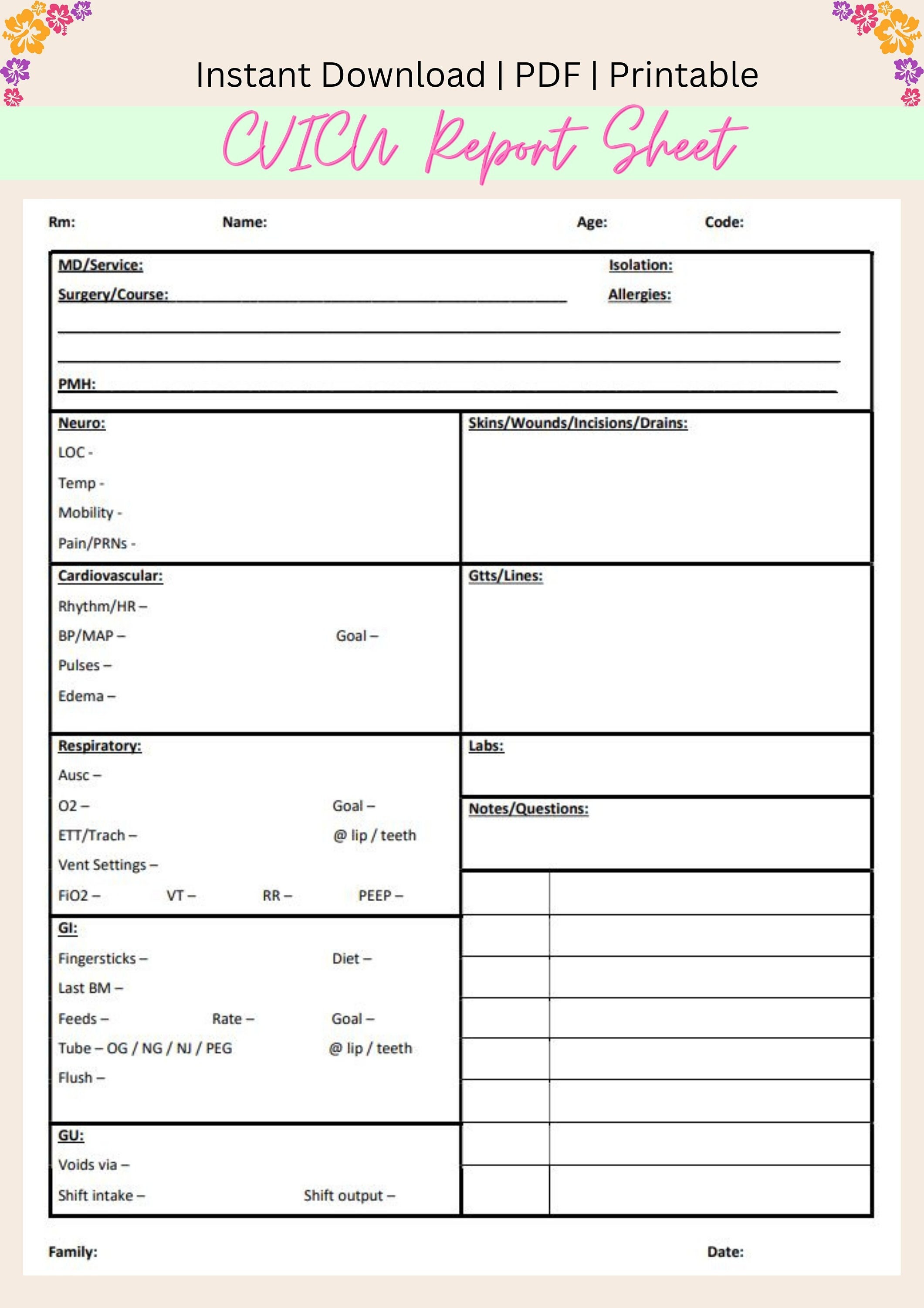 Digital Download Cvicu Report Sheet, Hourly ICU Report Sheet, Nurse ...
