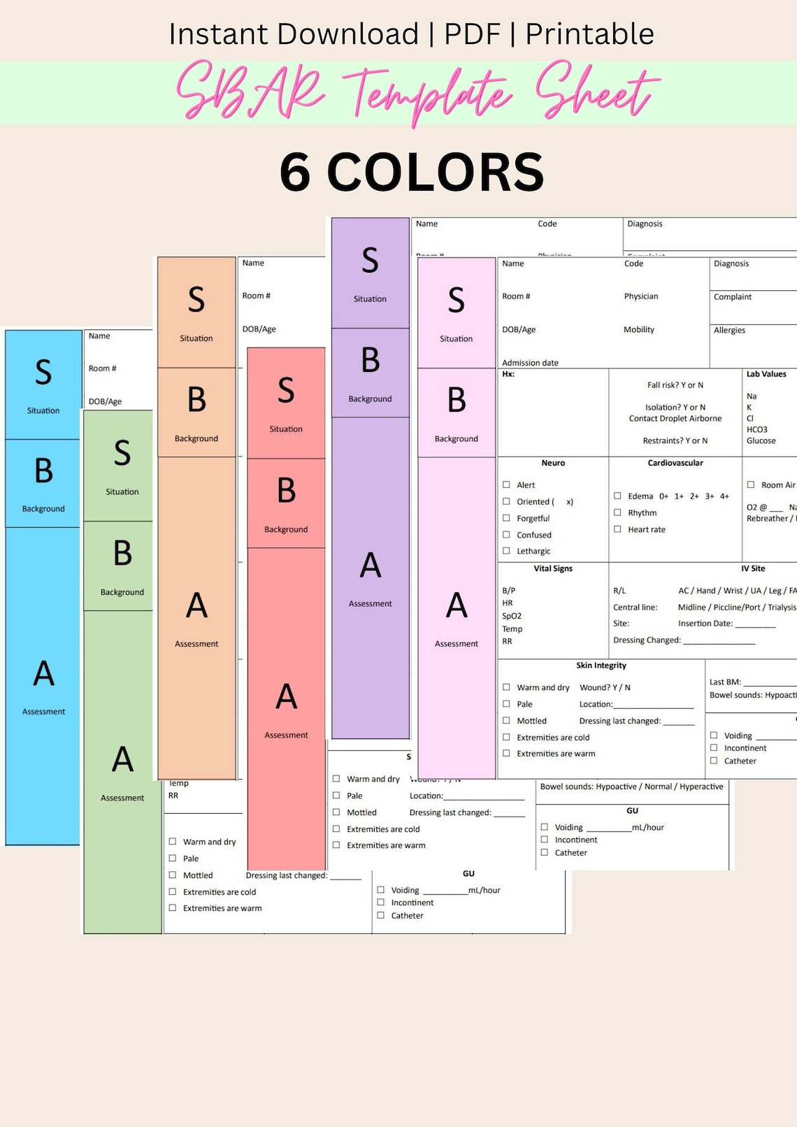 SBAR Template Sheet 6 Colors, SBAR, Sbar Nurse Report, Sbar Nurse Sheet ...