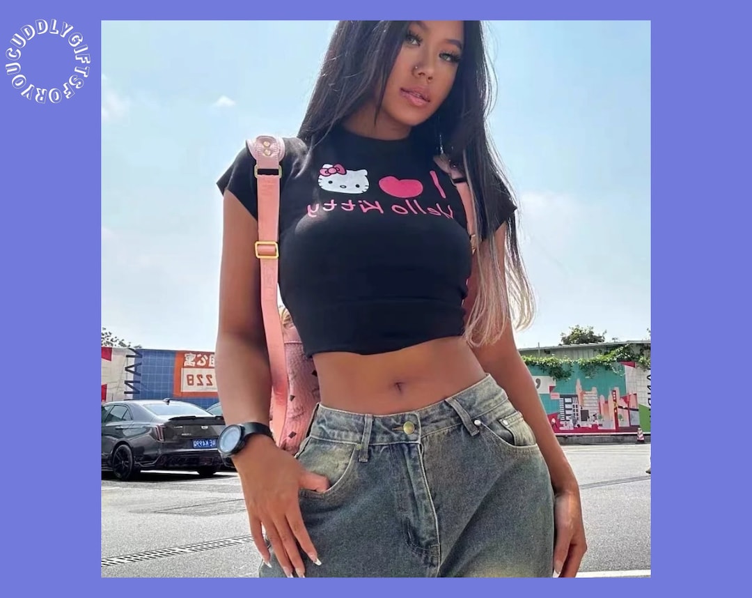 Y2K 'I Love Hello Kitty' Cropped Top: Women's Fashion, Cute Print ...