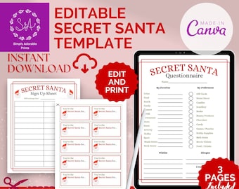 Editable Secret Santa Questionnaire Printable Secret Santa Form ...