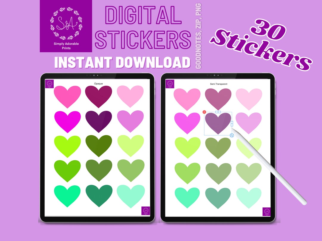 Digital Heart Stickers | 30 | Pink Sticker Pack | Precropped Hearts ...