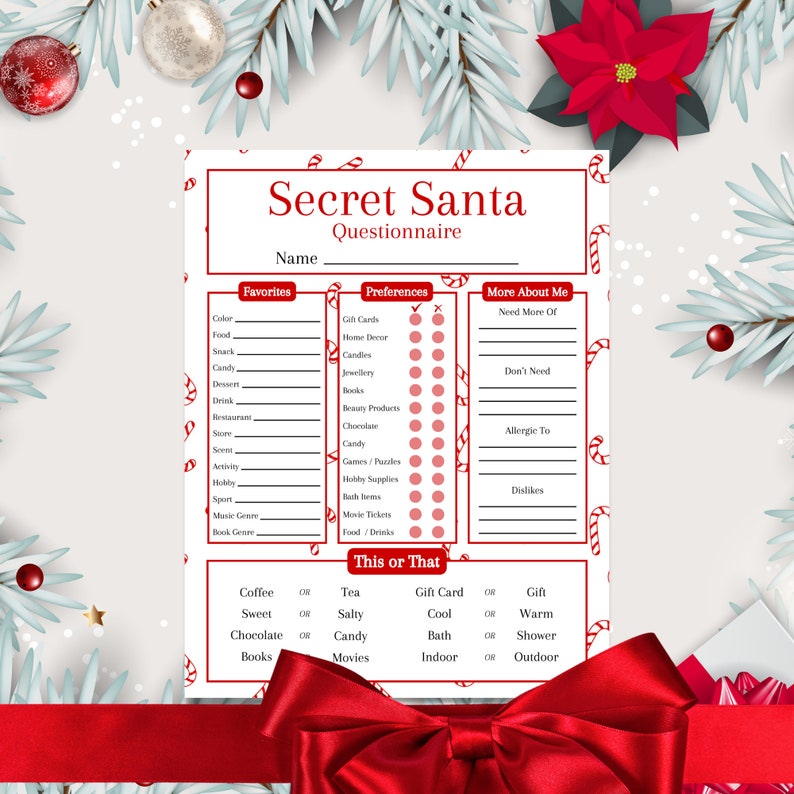 Secret Santa Questionnaire | Printable Secret Santa Form | Christmas ...