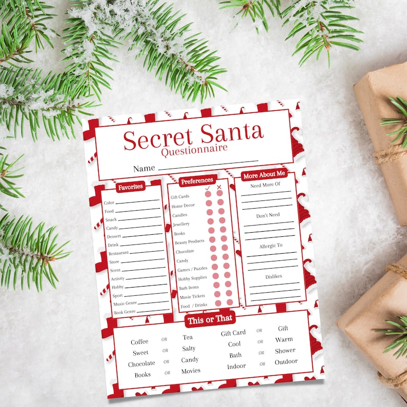 Editable Secret Santa Questionnaire Printable Secret Santa Form ...