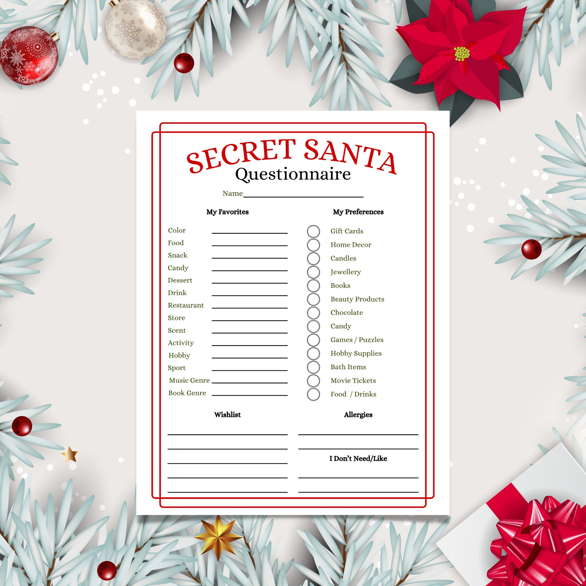Editable Secret Santa Questionnaire | Printable Secret Santa Form ...