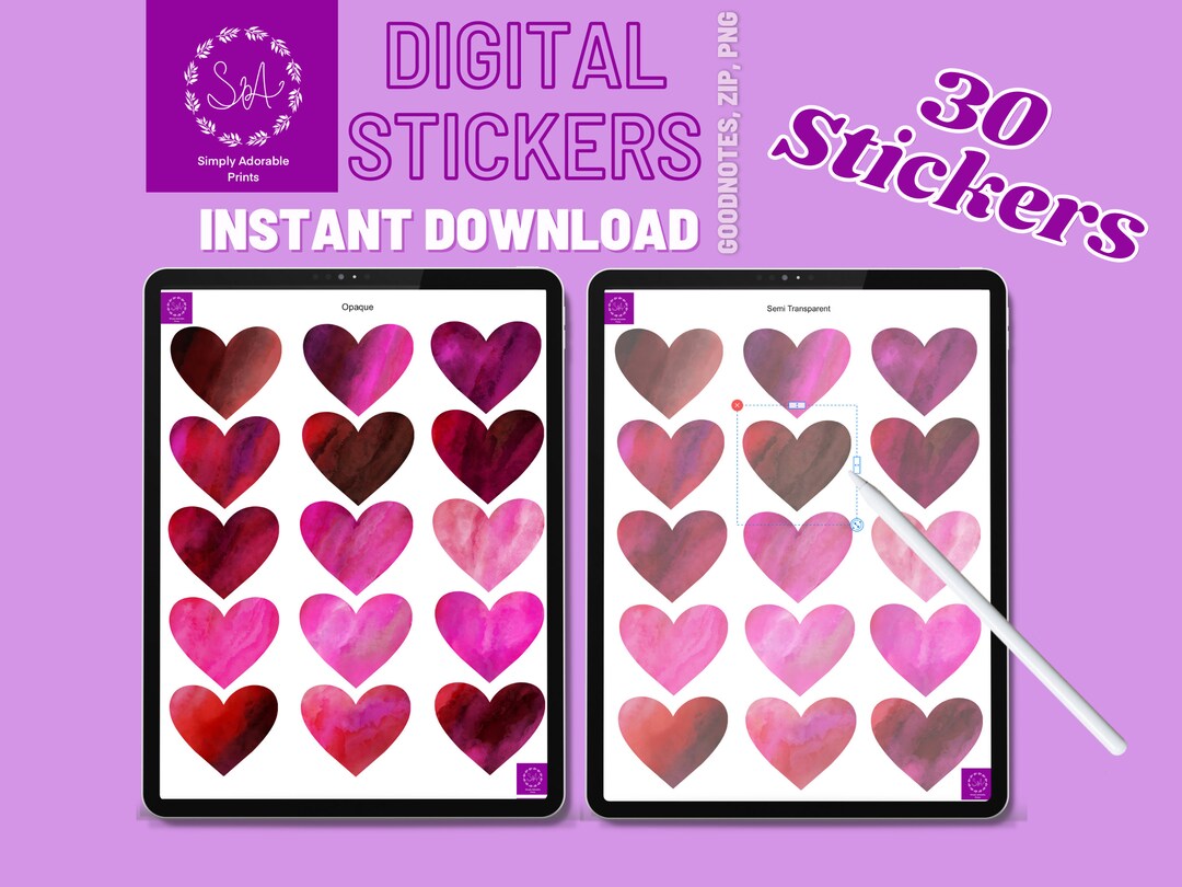 Digital Heart Stickers | 30 | Watercolor Sticker Pack | Precropped ...