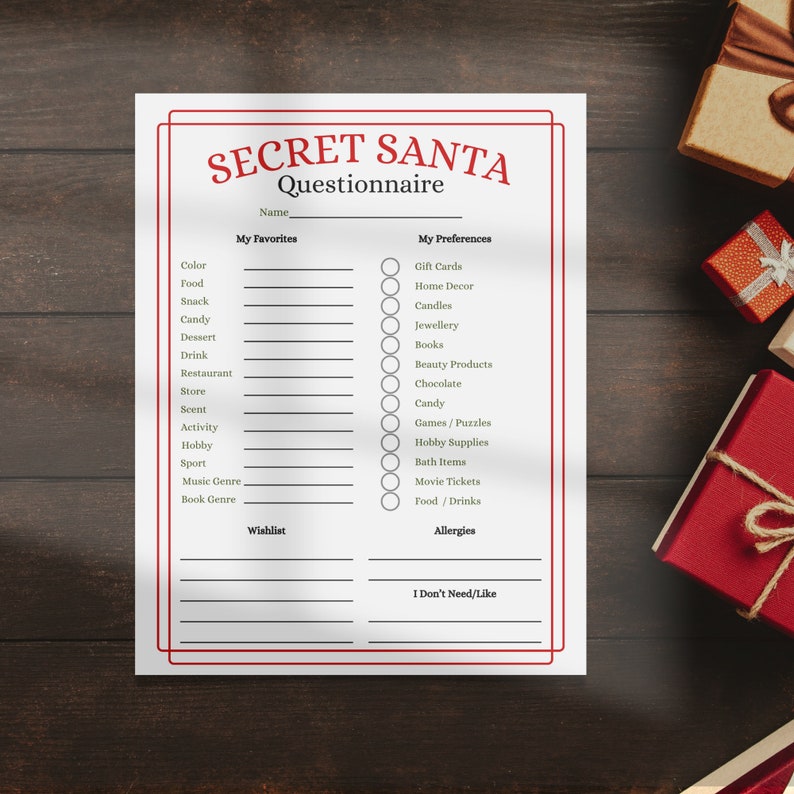 Secret Santa Questionnaire | Printable Secret Santa Form | Christmas ...