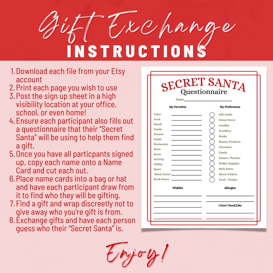 Secret Santa Questionnaire Printable Secret Santa Form Christmas T