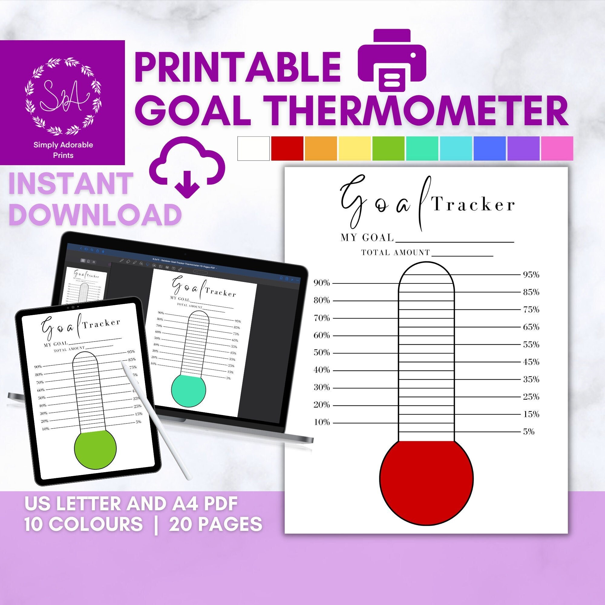 Digital Goal Thermometer | 20 | Printable Goal Tracker | Debt Payoff ...