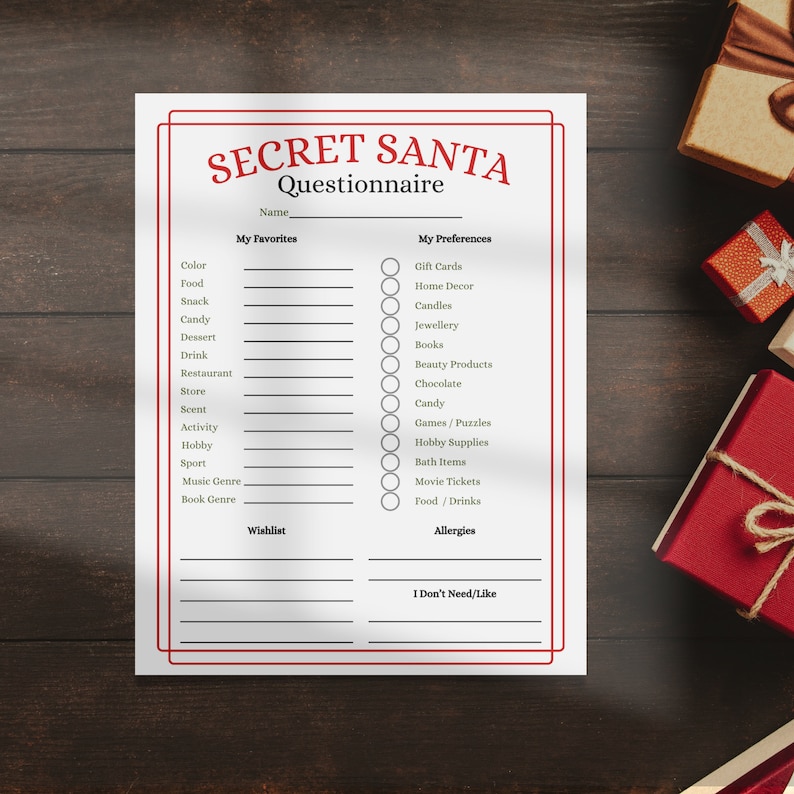 Editable Secret Santa Questionnaire Printable Secret Santa Form ...