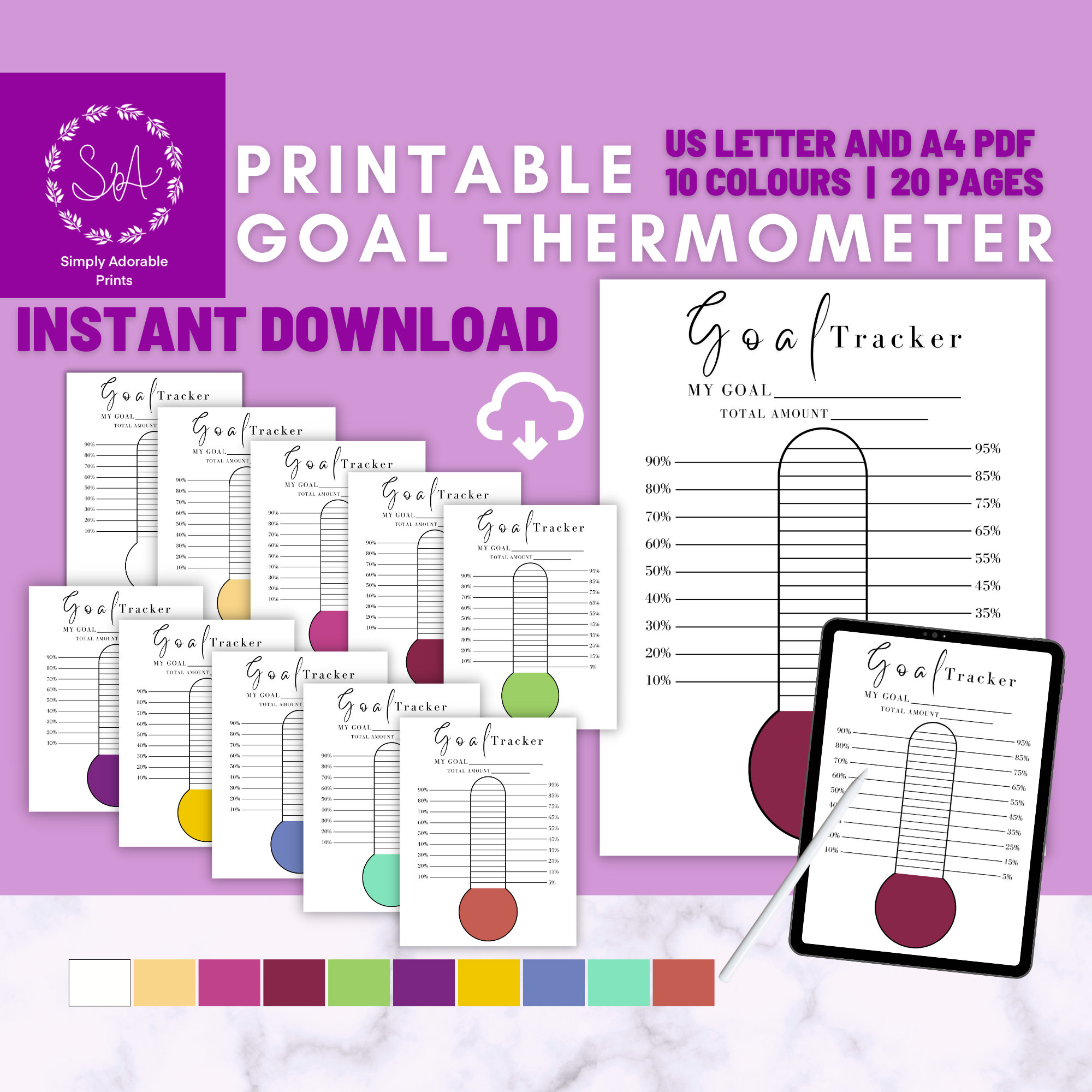 Printable Goal Thermometer | 20 | Digital Goal Tracker | Debt Payoff ...