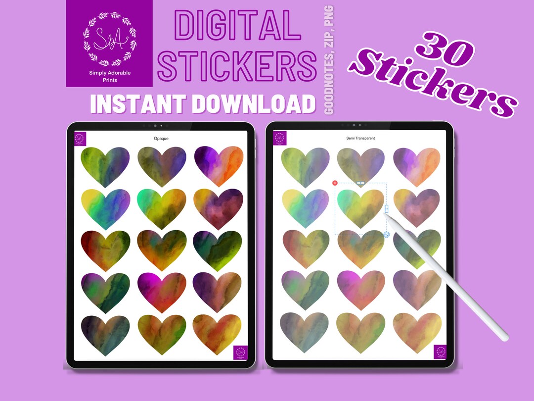 Digital Heart Stickers | 30 | Watercolor Sticker Pack | Precropped ...