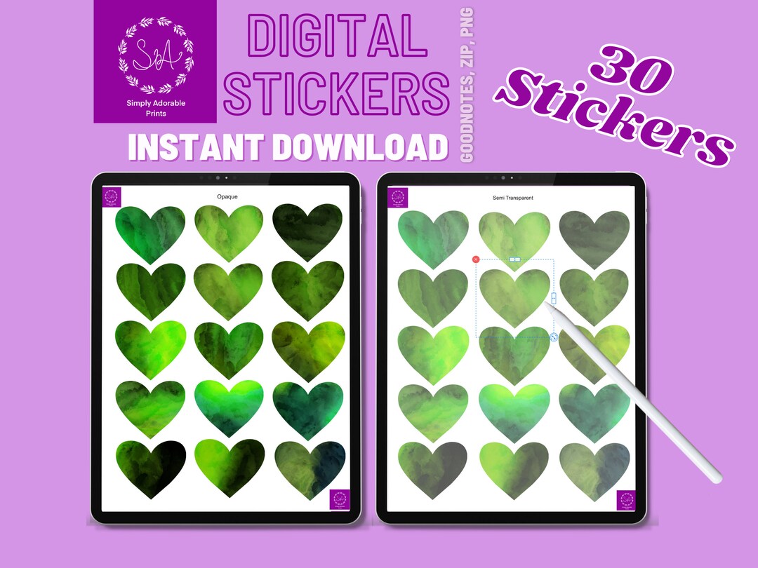 Digital Heart Stickers | 30 | Watercolor Sticker Pack | Precropped ...