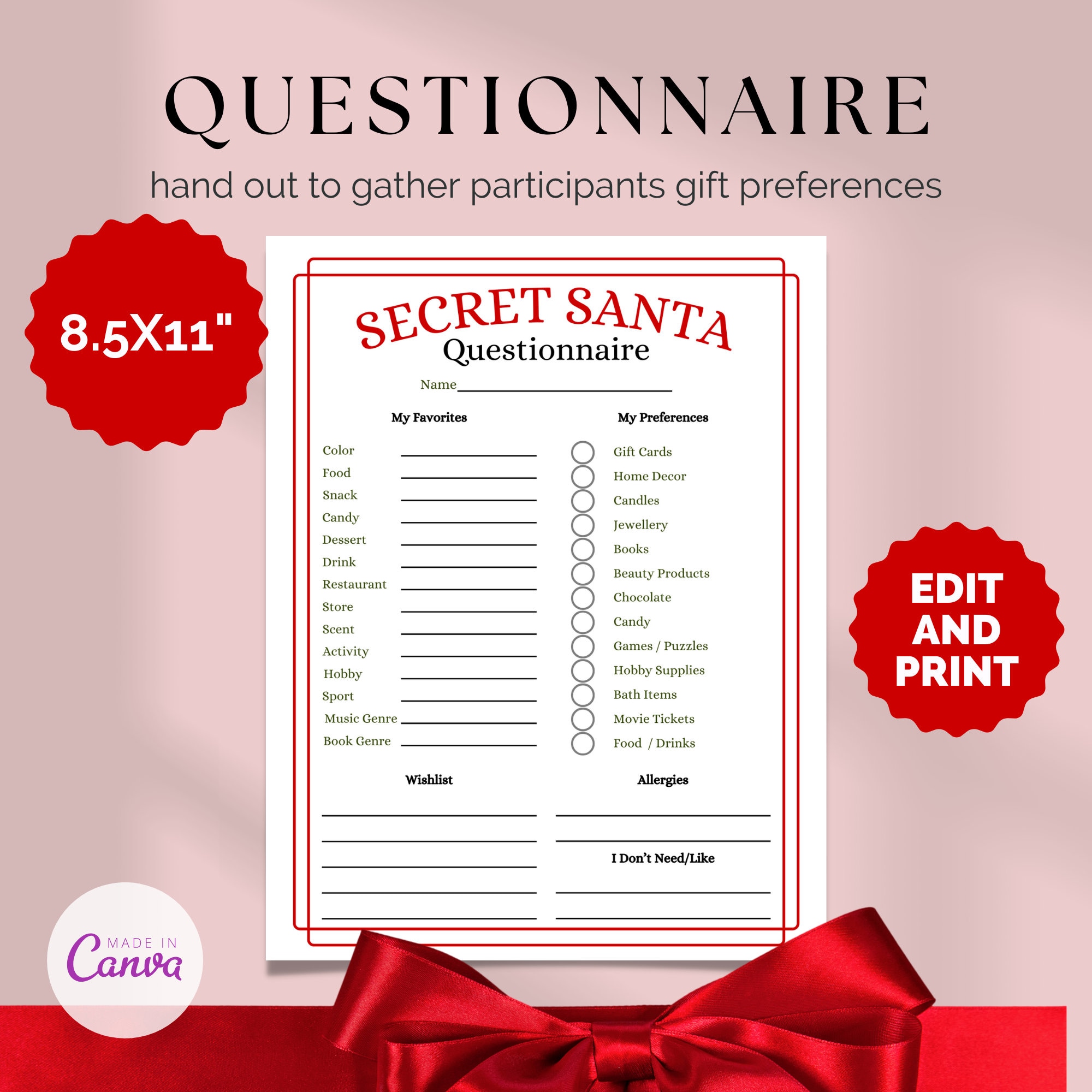 Editable Secret Santa Questionnaire | Printable Secret Santa Form ...