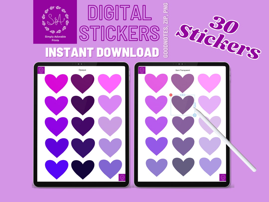 Digital Heart Stickers | 30 | Purple Sticker Pack | Precropped Hearts ...