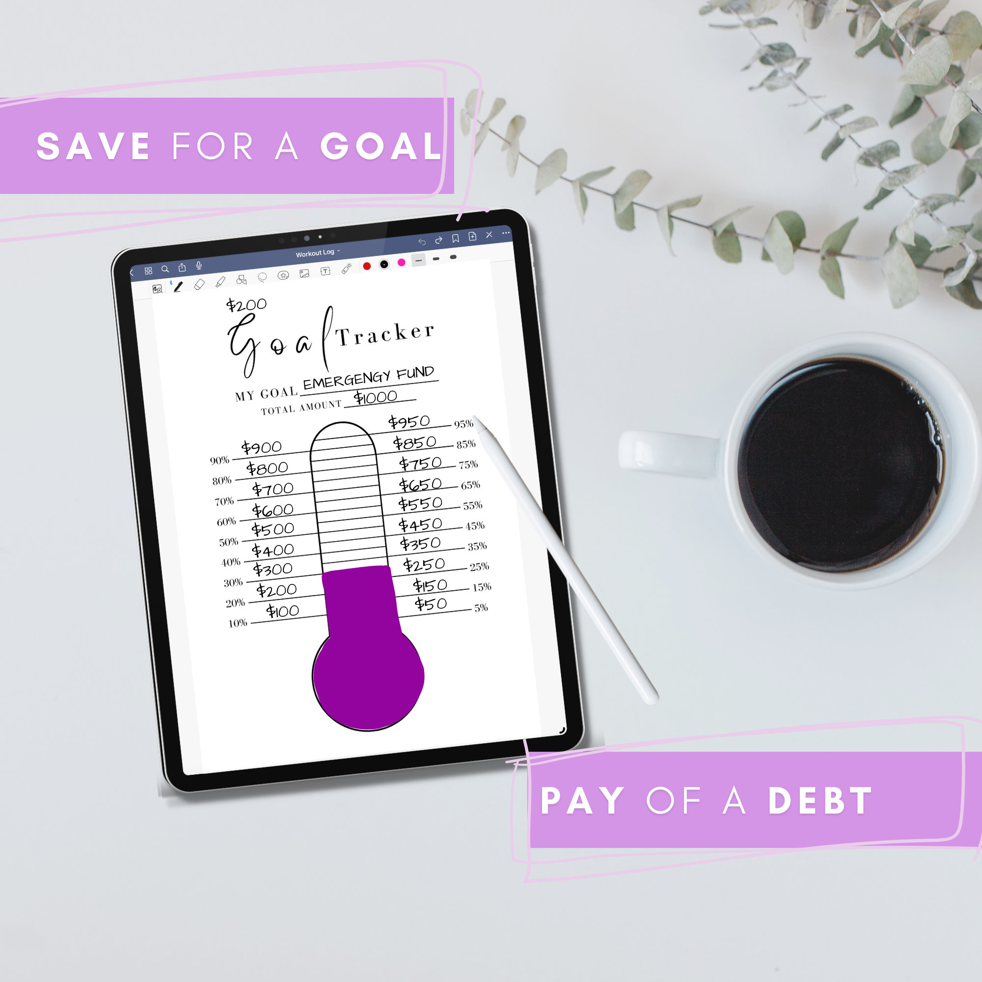 Printable Goal Thermometer | 20 | Digital Goal Tracker | Debt Payoff ...