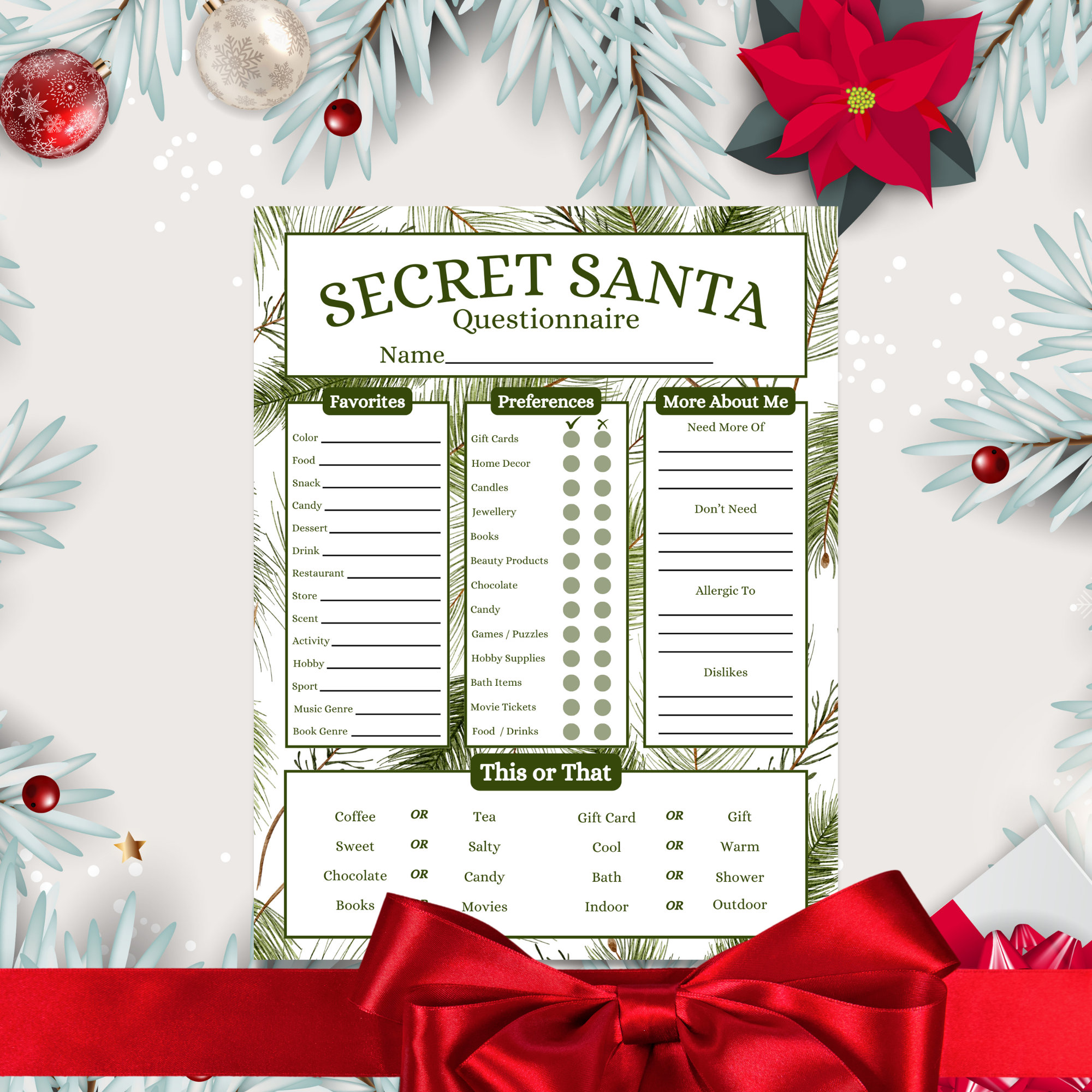 Secret Santa Questionnaire Printable Secret Santa Form Christmas Gift ...