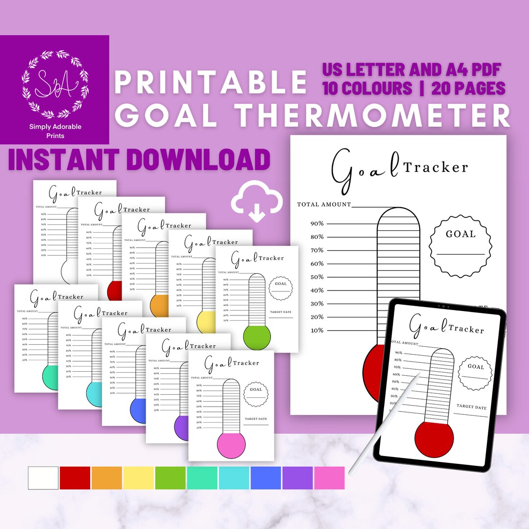 Printable Goal Thermometer | 20 | Digital Goal Tracker | Debt Payoff ...