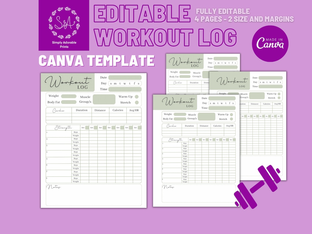 Workout Log Template | 4 | Gym Journal Printable | Canva Workout ...