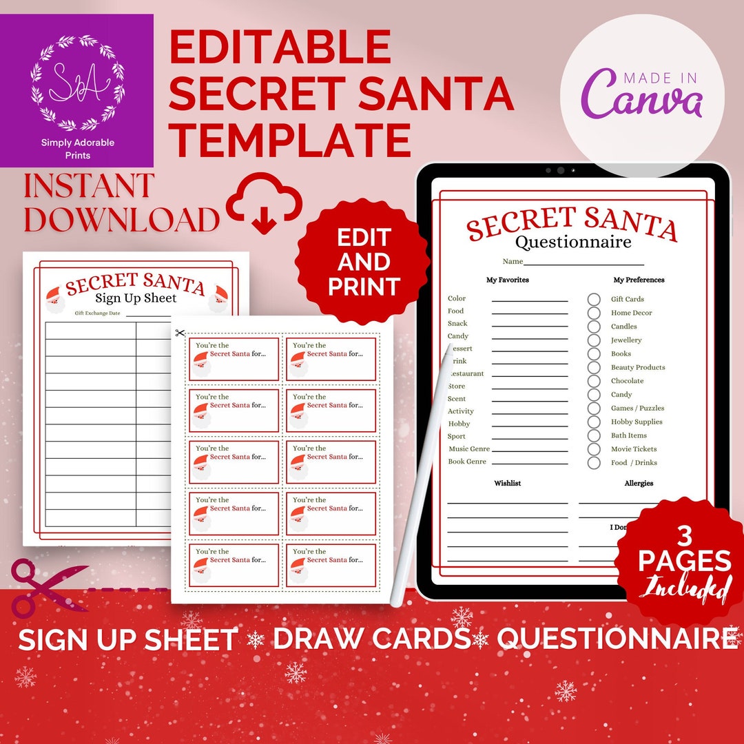 Editable Secret Santa Questionnaire | Printable Secret Santa Form ...