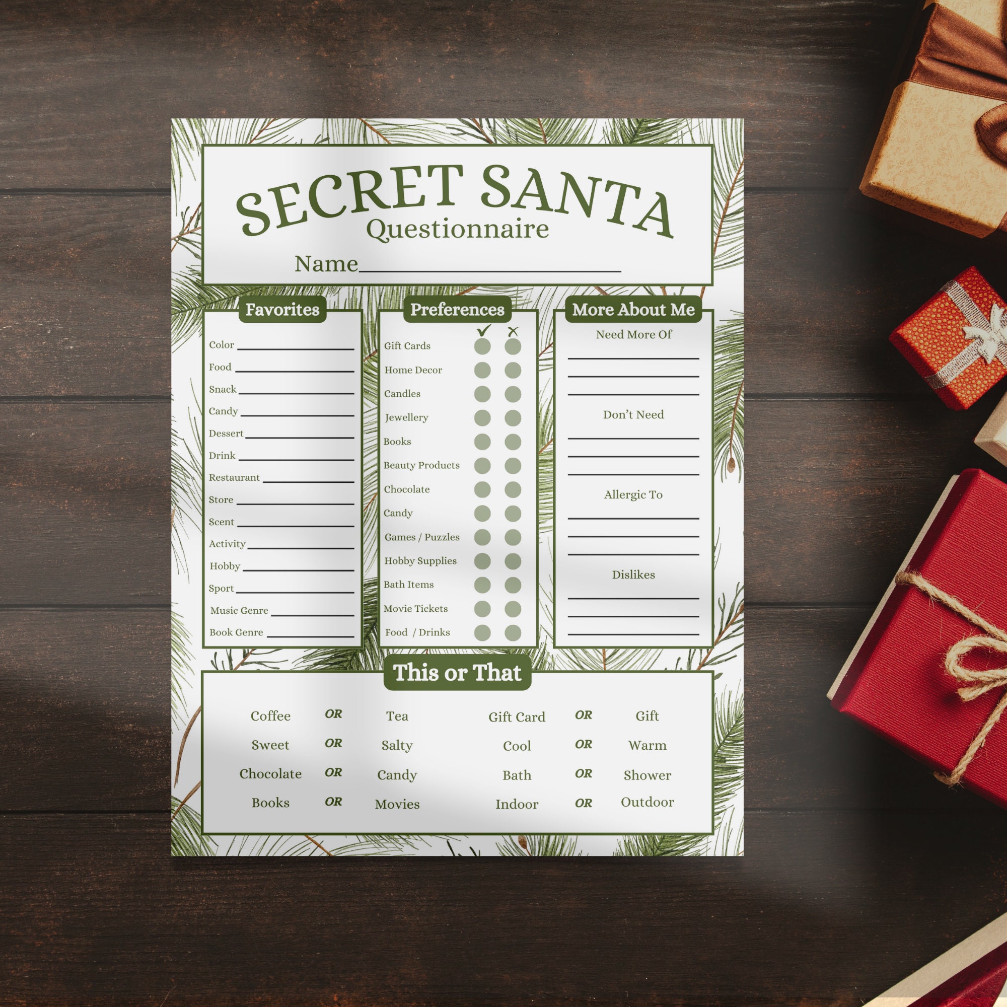 Secret Santa Questionnaire | Printable Secret Santa Form | Christmas ...
