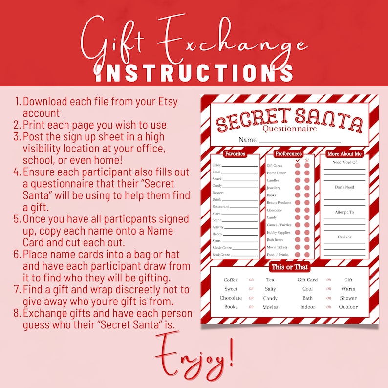 Secret Santa Questionnaire | Printable Secret Santa Form | Christmas Gift Exchange | Work Secret ...