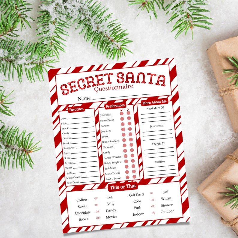 Secret Santa Questionnaire | Printable Secret Santa Form | Christmas ...