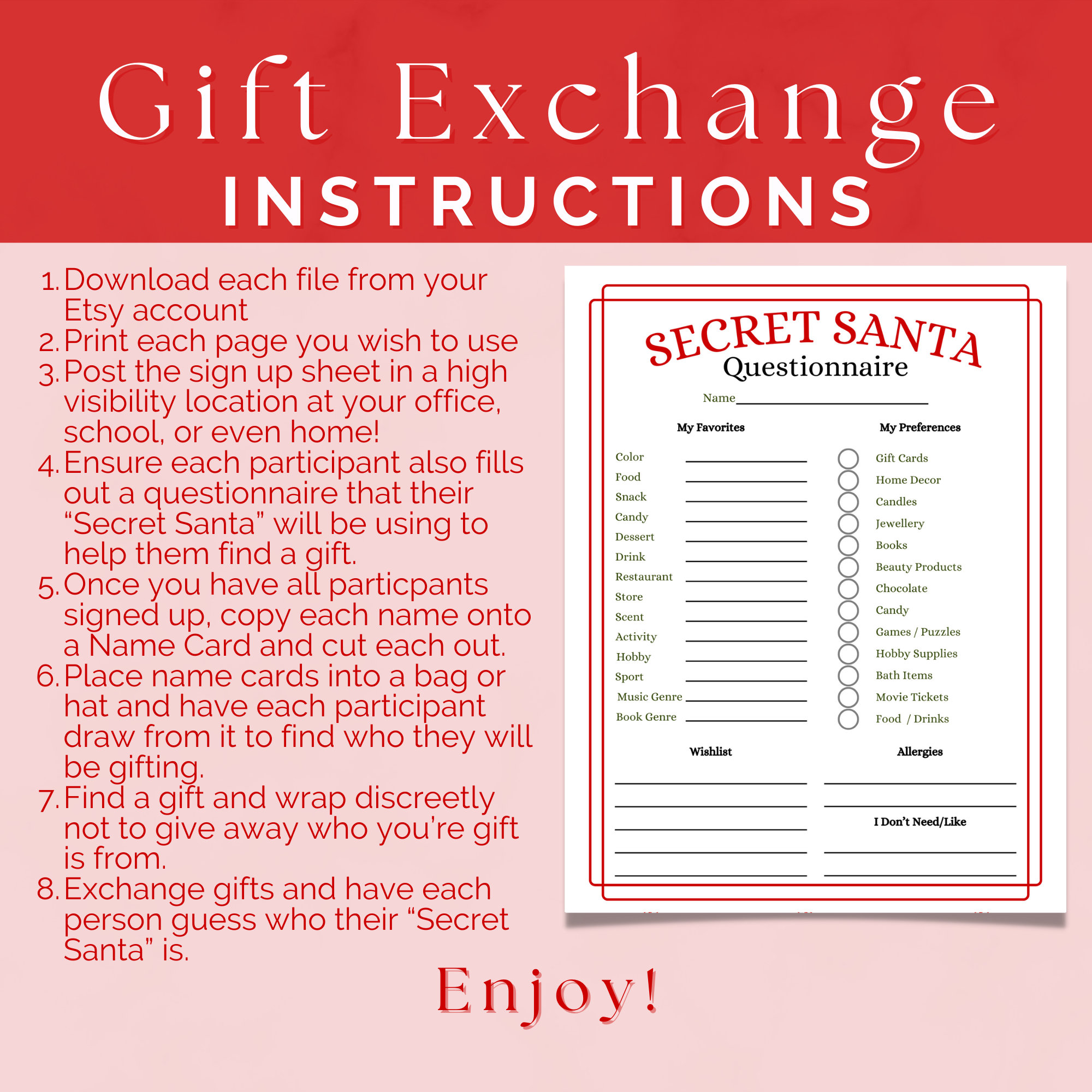 Editable Secret Santa Questionnaire Printable Secret Santa Form ...