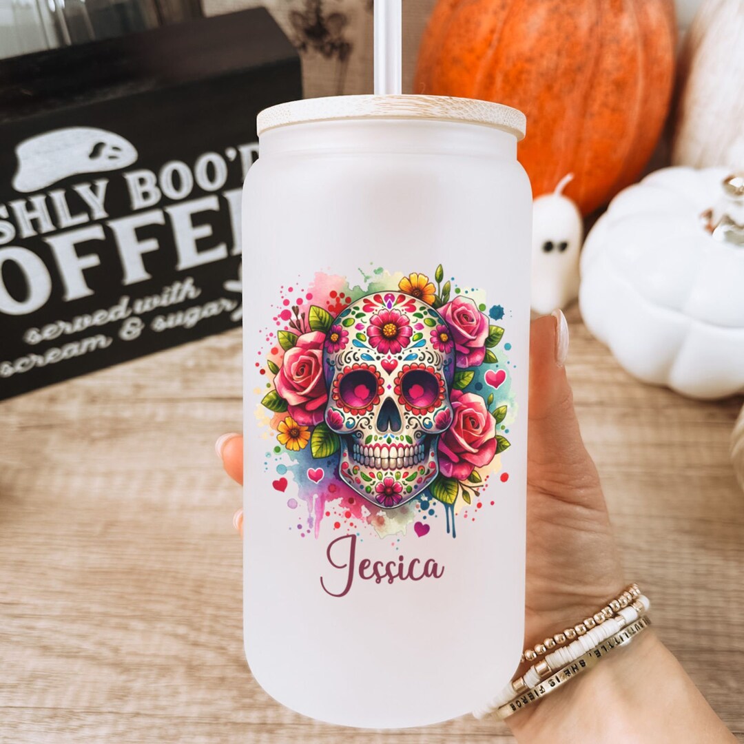 Personalized Sugar Skull Iced Coffee Glass, Custom Name Skull Glass Can ...