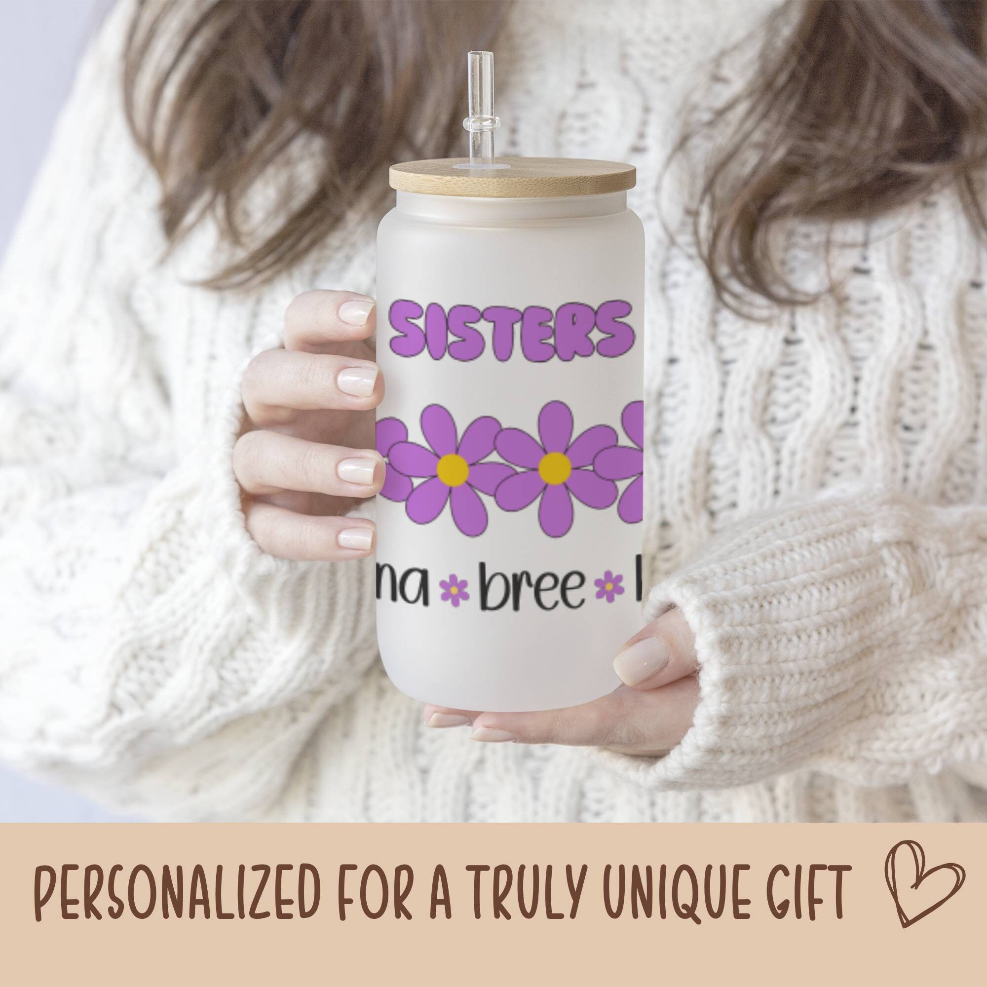Personalized Sisters Iced Coffee Cup, Retrofloral Glass Can Cup, Custom ...