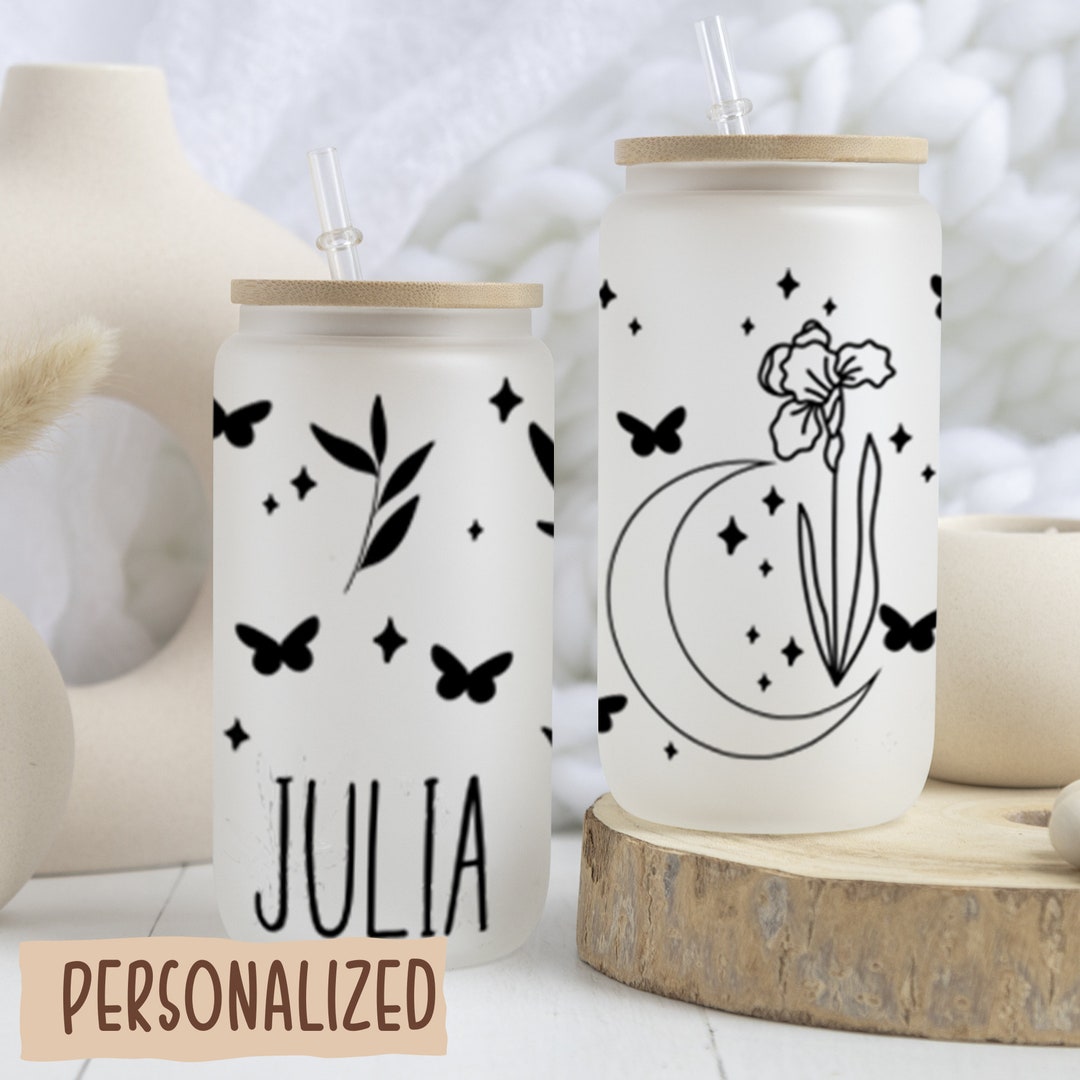 Personalized February Birth Flower Frosted Glass Cup, Custom Name Birth ...