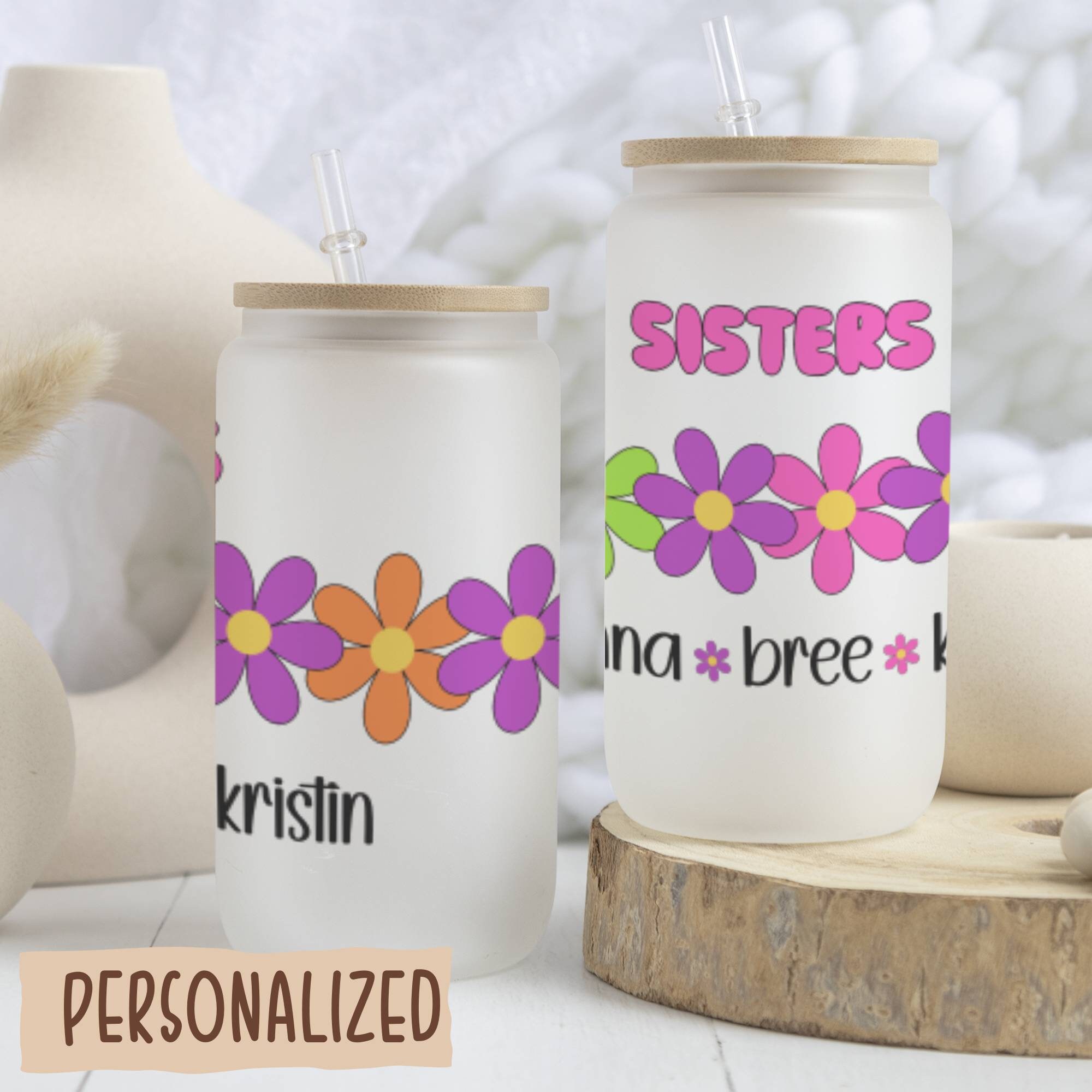 Personalized Sisters Iced Coffee Cup, Retrofloral Glass Can Cup, Custom ...