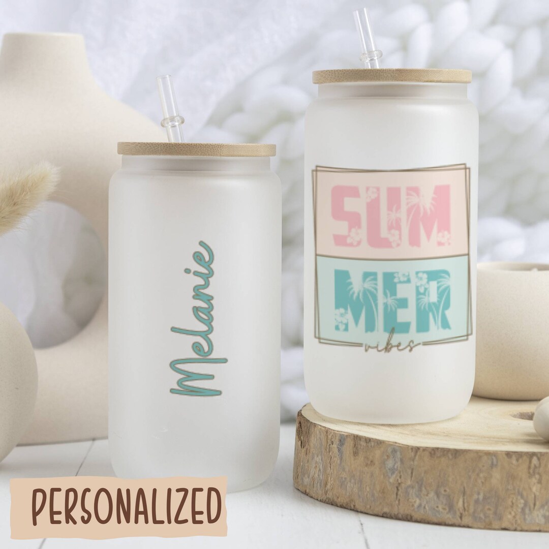 Personalized Summer Vibes Iced Coffee Cup, Custom Name Frosted Glass ...