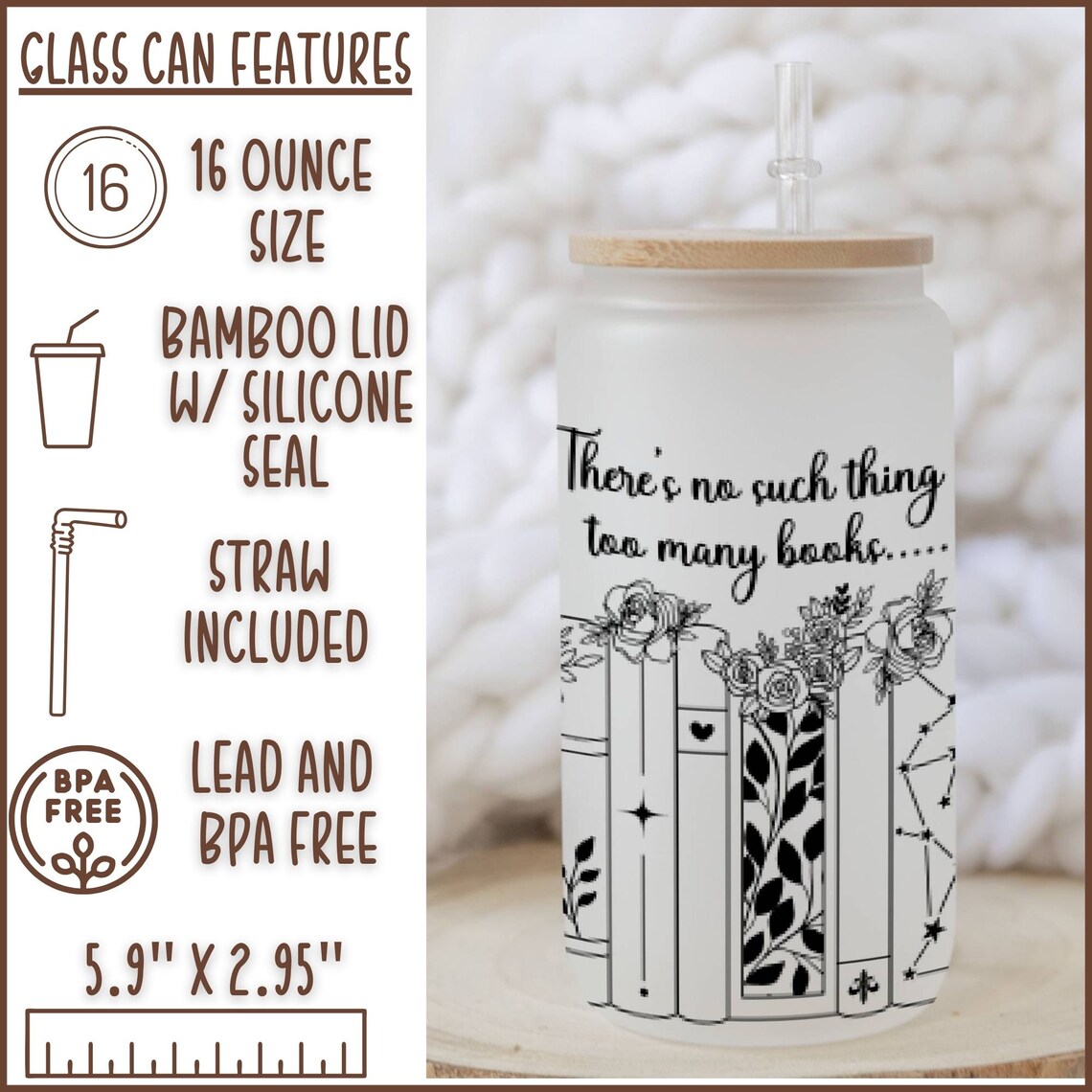 Personalized Book Lover Frosted Glass Can Cup, No Such Thing as Too ...
