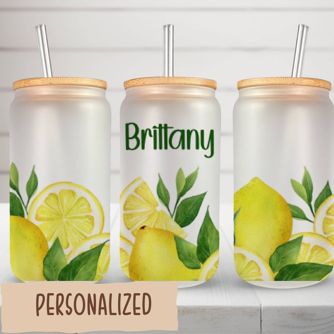 Personalized Iced Coffee Cup Lemons, Custom Can Glass With Lid and ...