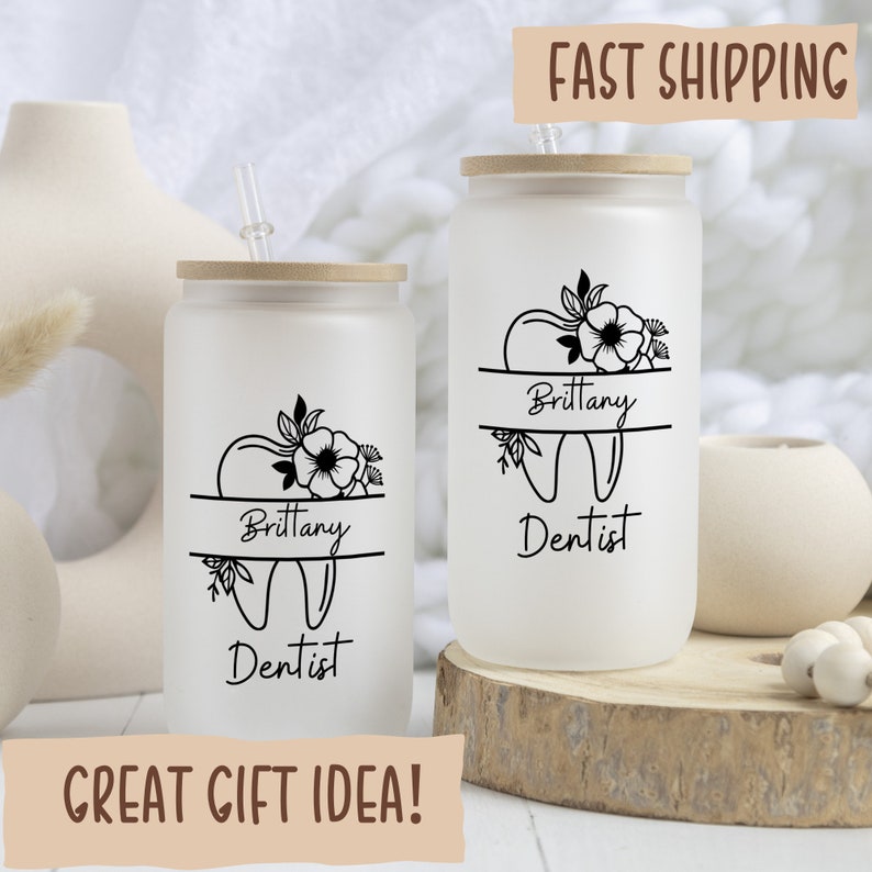 Dentist Glass Iced Coffee Cup, Personalized Dentist Glass Can Cup, Gift ...
