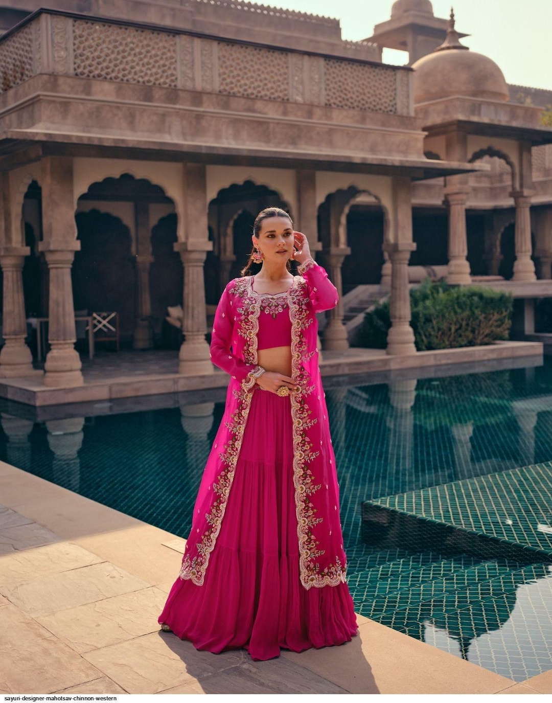 Pink Silk Crop Top Cape Ghagra Set Festive Fusion Dress , Indo Western ...